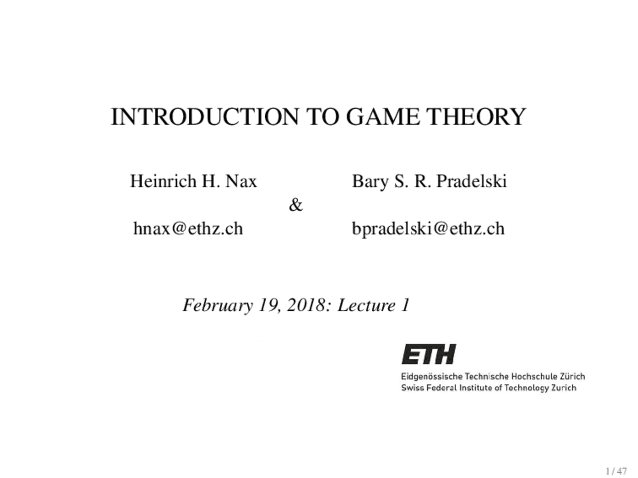 Introduction To Game Theory Lecture Notes Game Theory Docsity