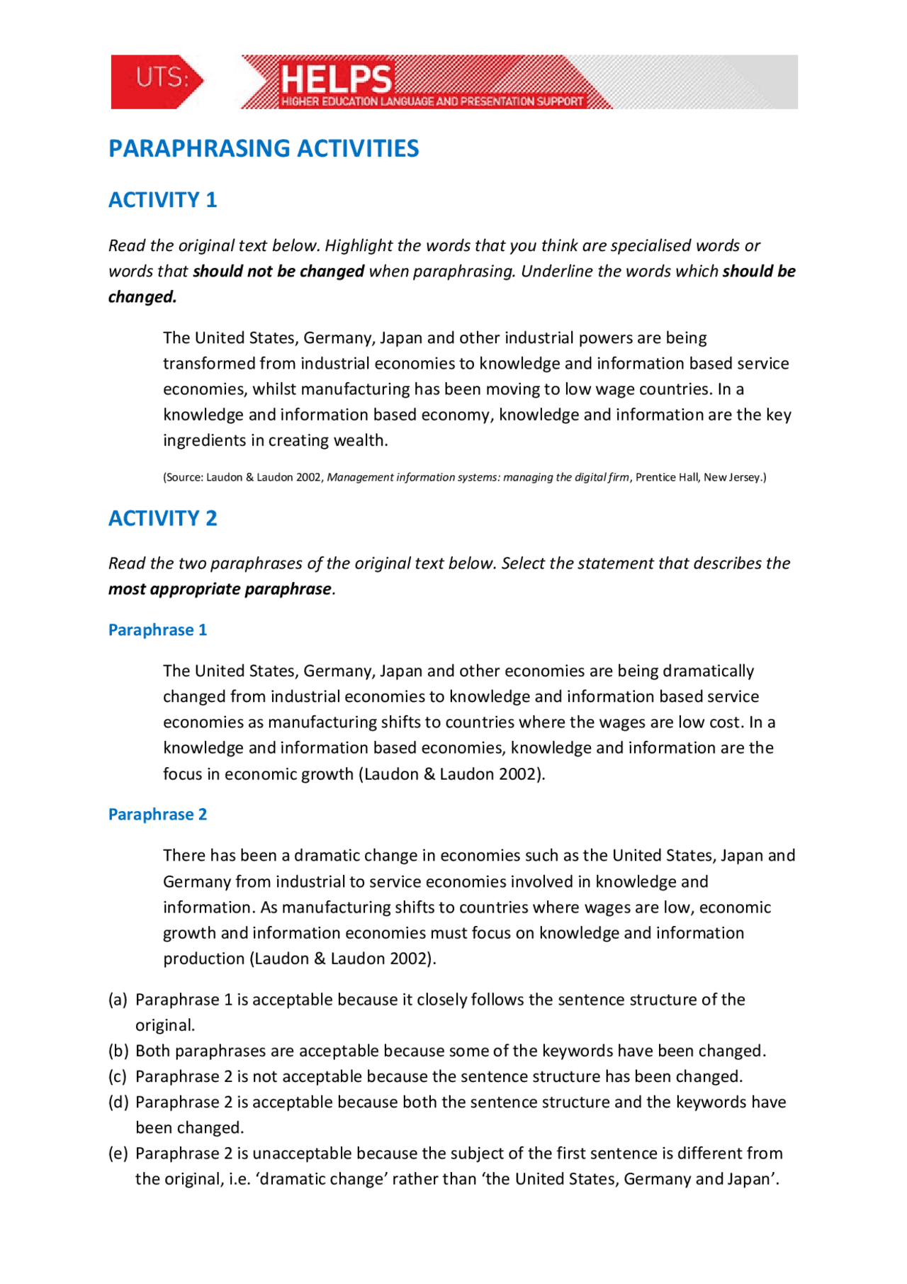 PARAPHRASING ACTIVITIES | Slides Business Accounting - Docsity