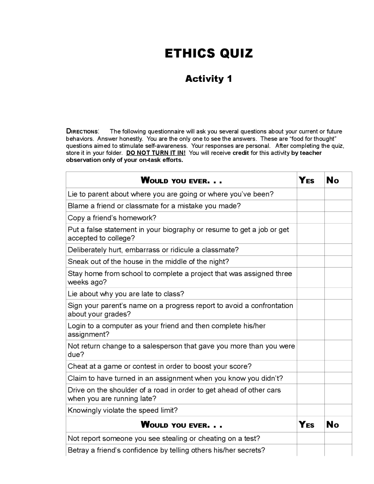 Ethics Quiz - Activity | Quizzes Ethics | Docsity