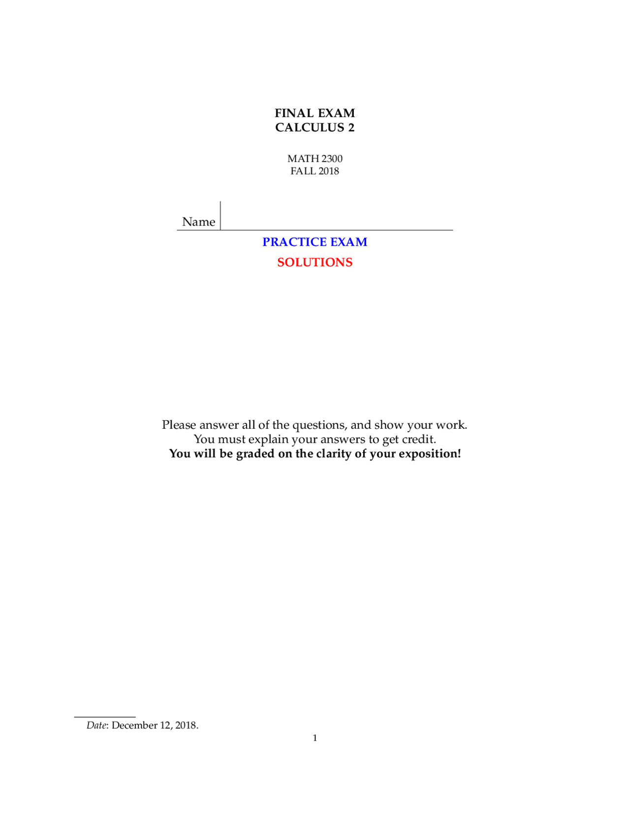 FINAL EXAM CALCULUS 2 Name PRACTICE EXAM ... | Assignments Calculus ...