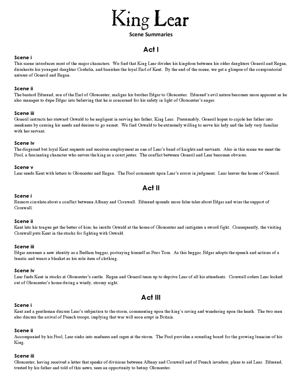 King Lear Scene Summaries.pdf | Schemes and Mind Maps French Language ...