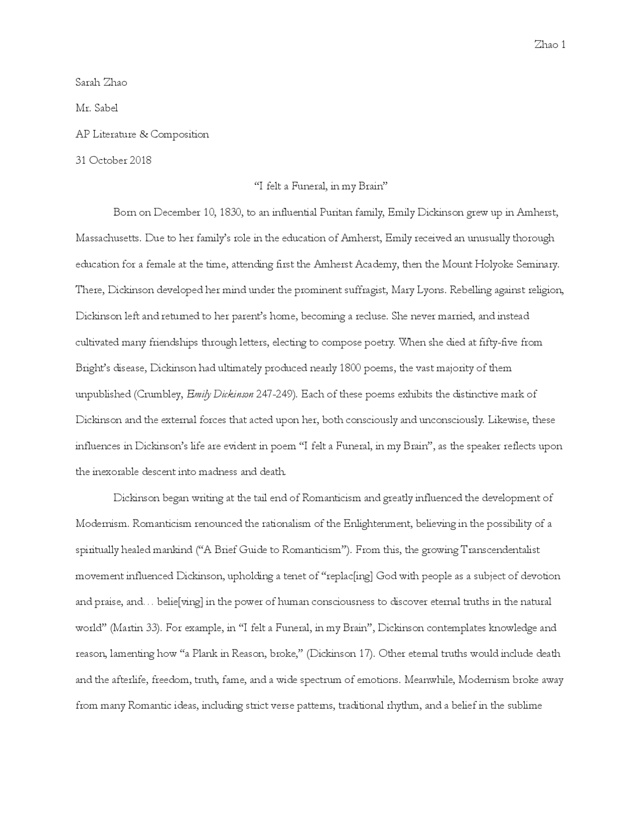 Emily Dickinson Research Paper.pdf | Study Guides, Projects, Research ...