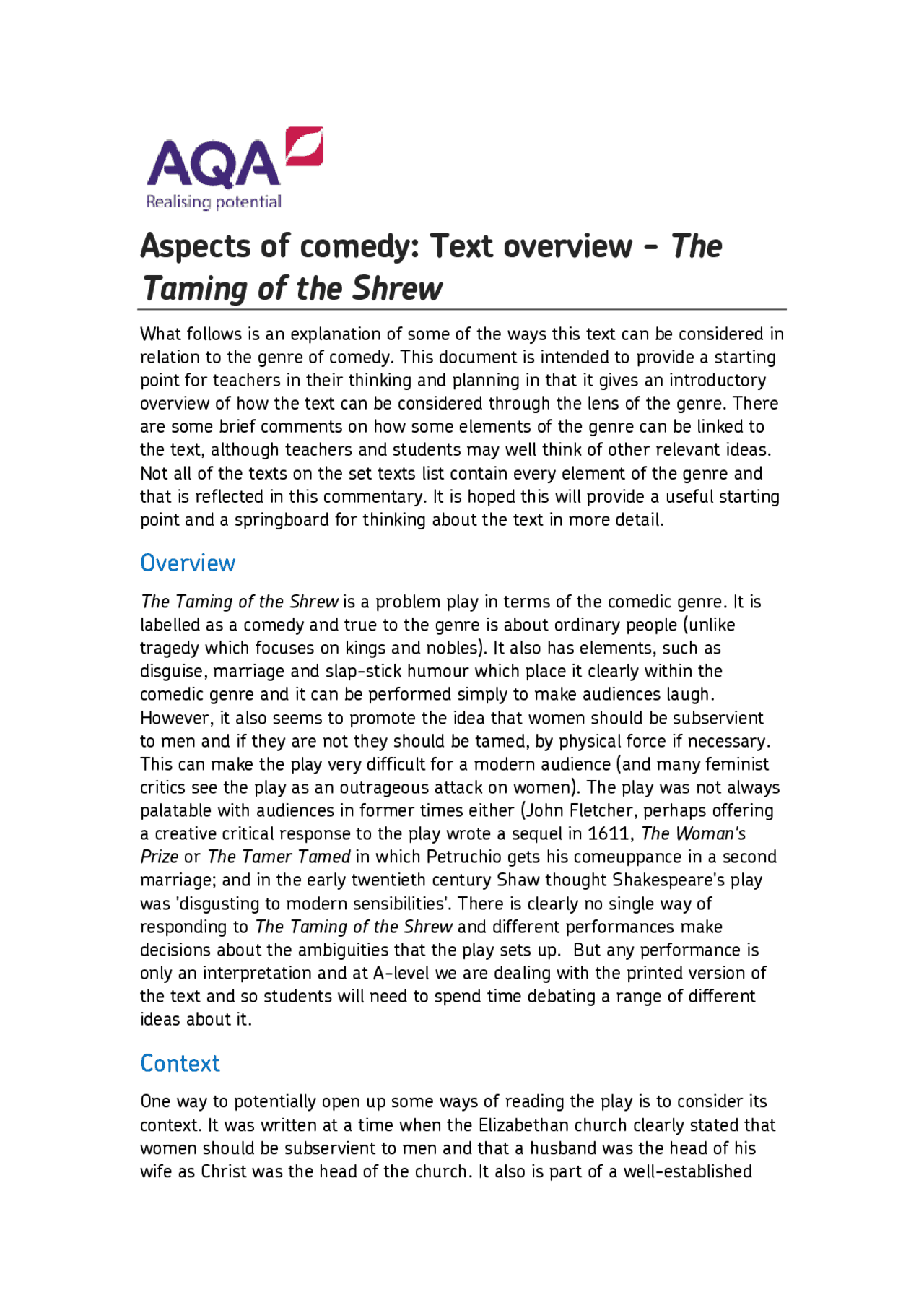 The Taming of the Shrew: An Analysis of Comedic Aspects and Feminist ...