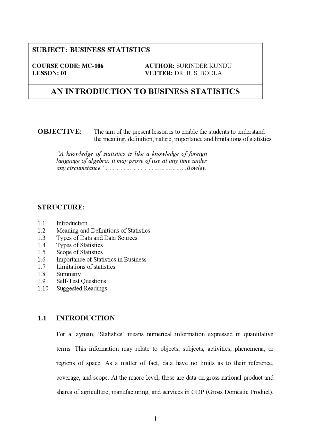 Introduction To Business Statistics Lecture Notes Business Statistics