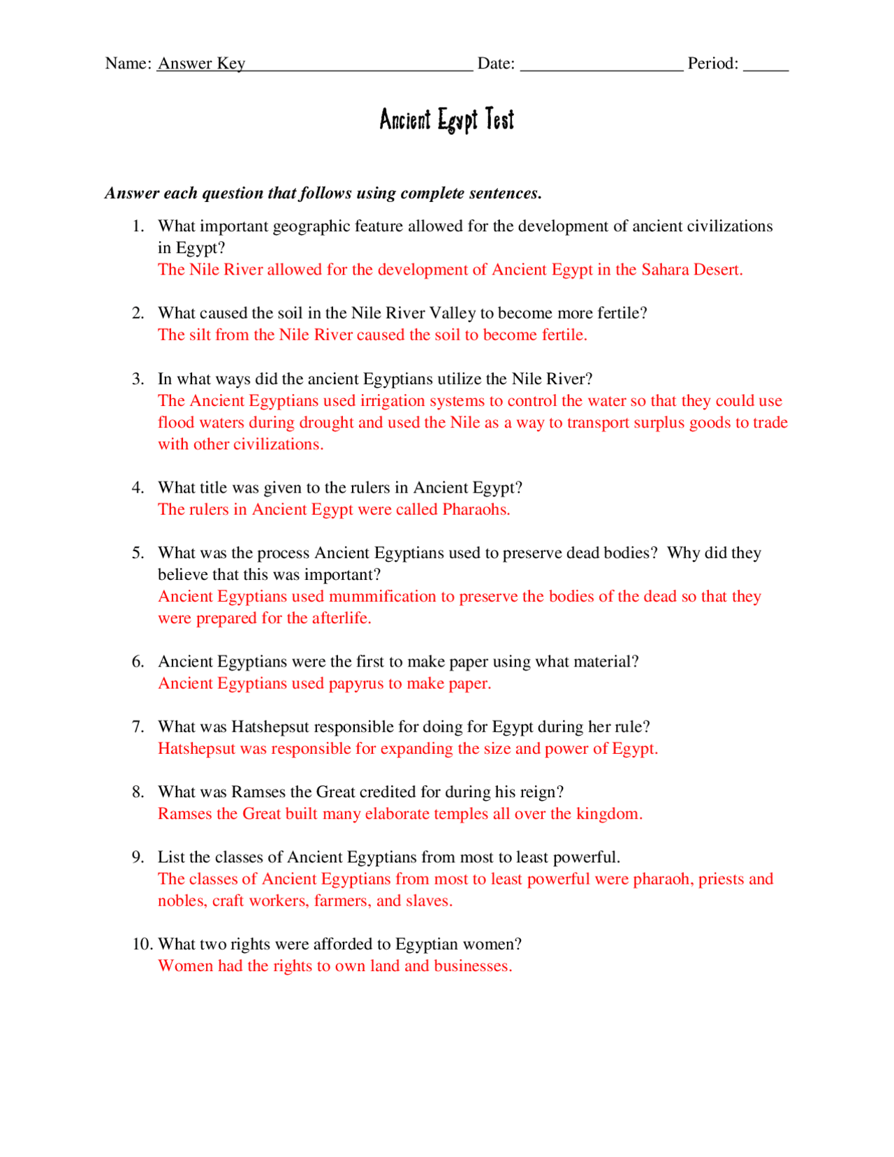 Ancient Egypt Test | Lecture notes History of Ancient Egypt | Docsity