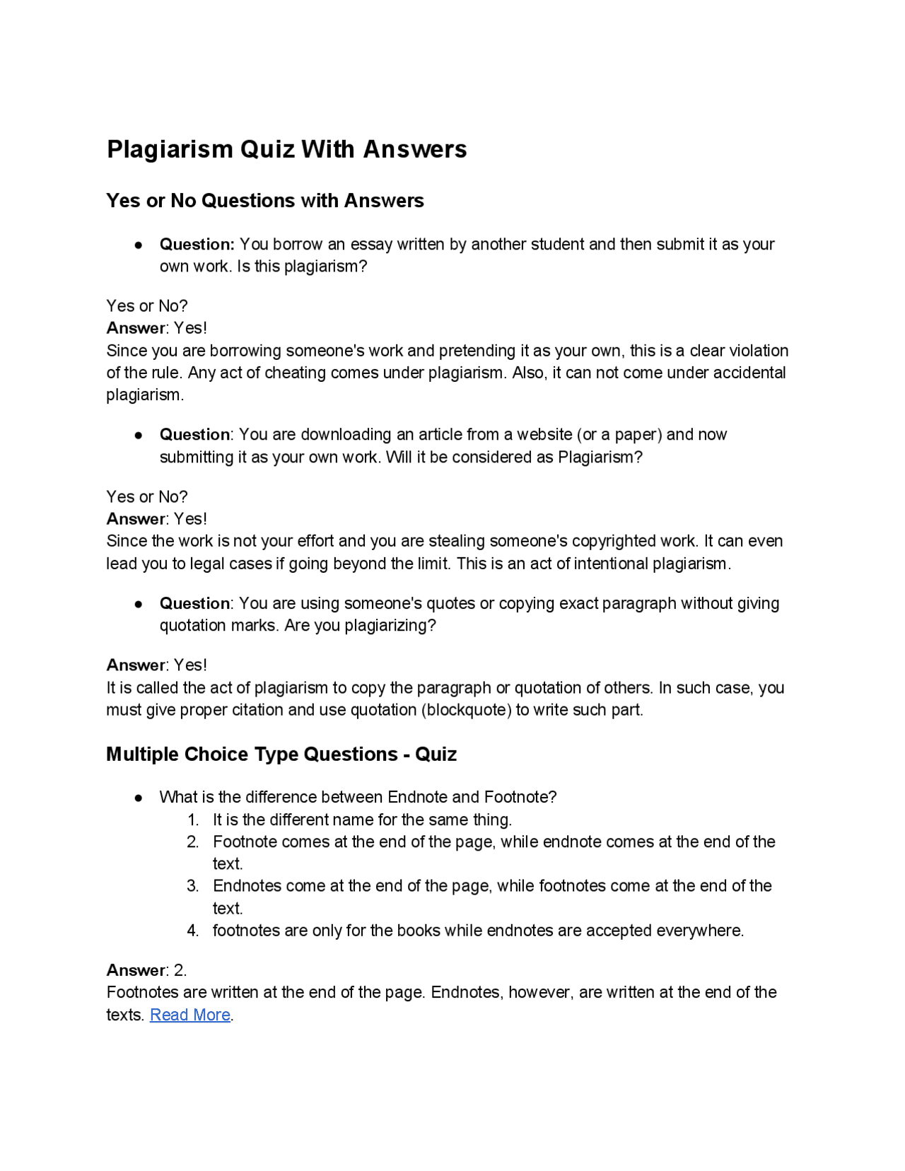 Plagiarism Quiz With Answers | Study notes Research Methodology | Docsity