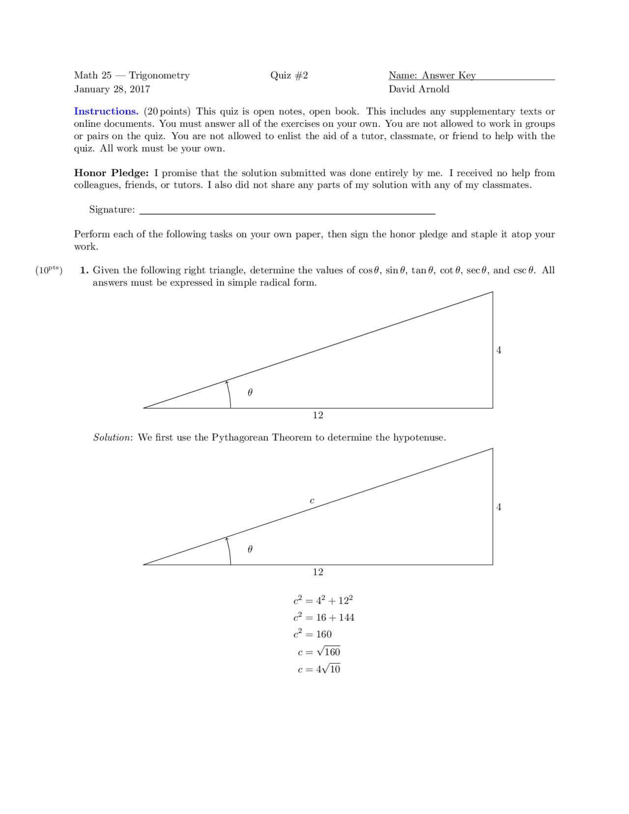 Quiz 2 Answer Key for Math 25 Trigonometry | Lecture notes Trigonometry ...