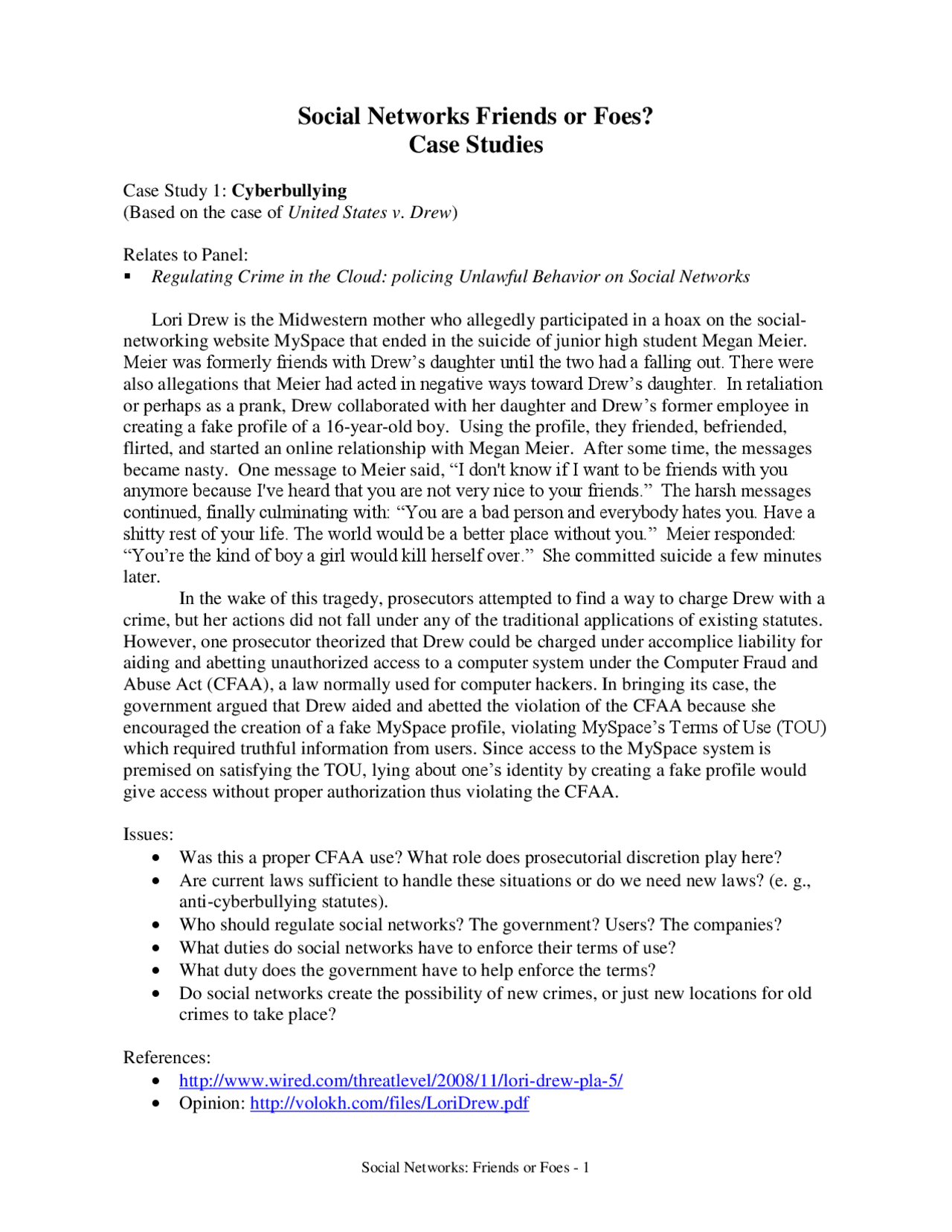 Social Networks Friends or Foes? Case Studies | Lecture notes Law | Docsity