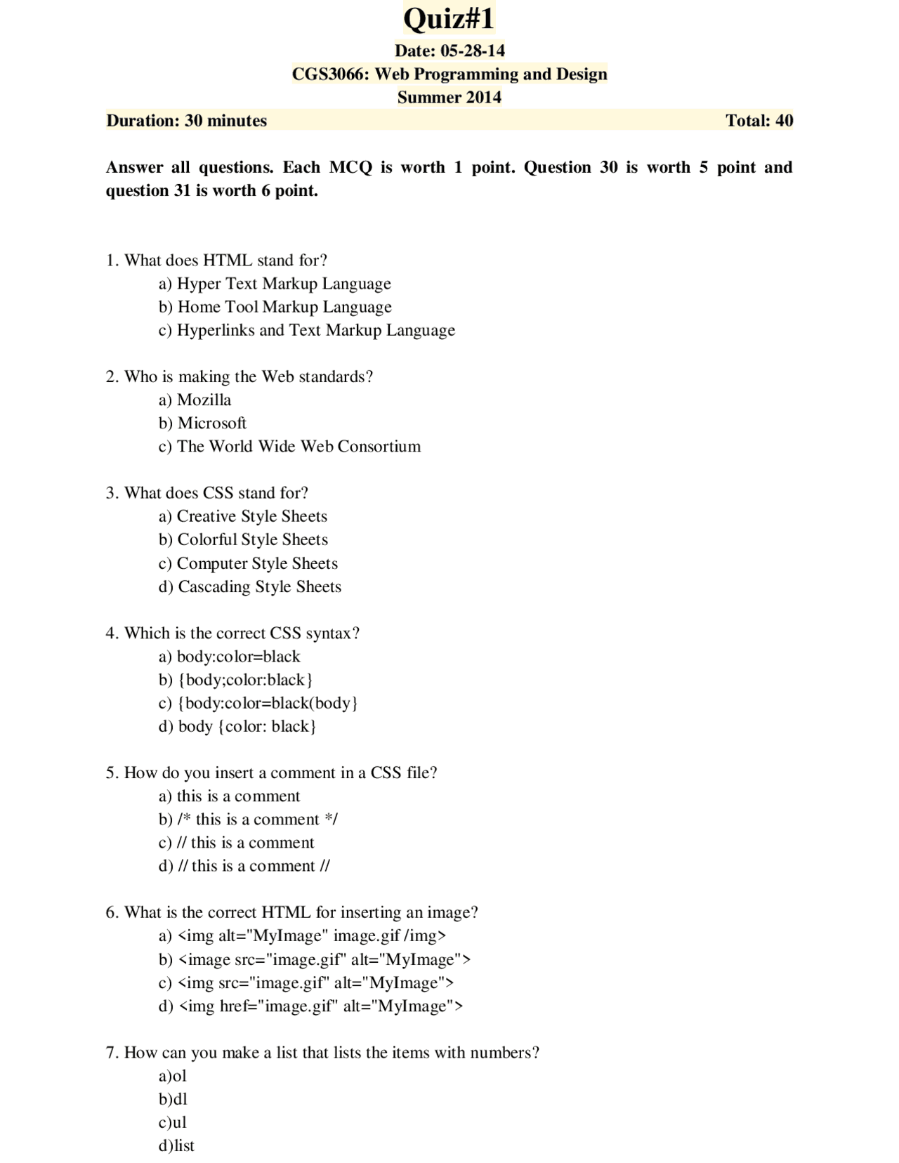 Quiz#1 | Exams Computer Science | Docsity