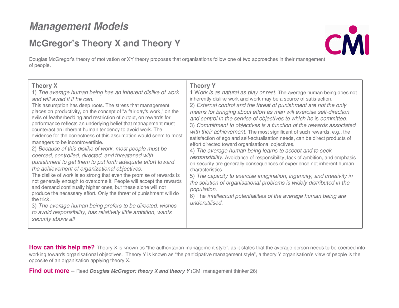 Management Models - McGregor's Theory X and Theory Y | Summaries ...