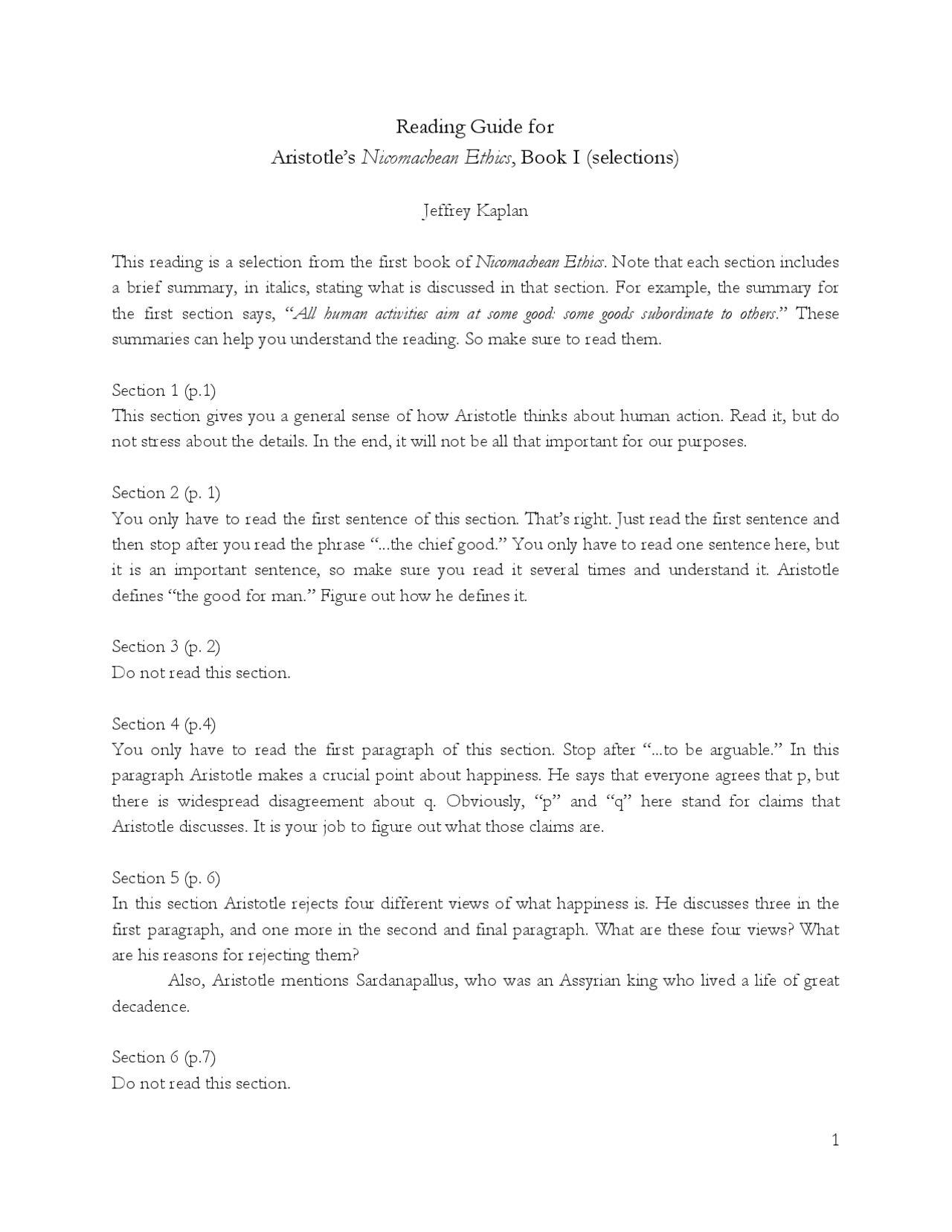 Reading Guide for Aristotle's Nicomachean Ethics , Book I ... | Study ...