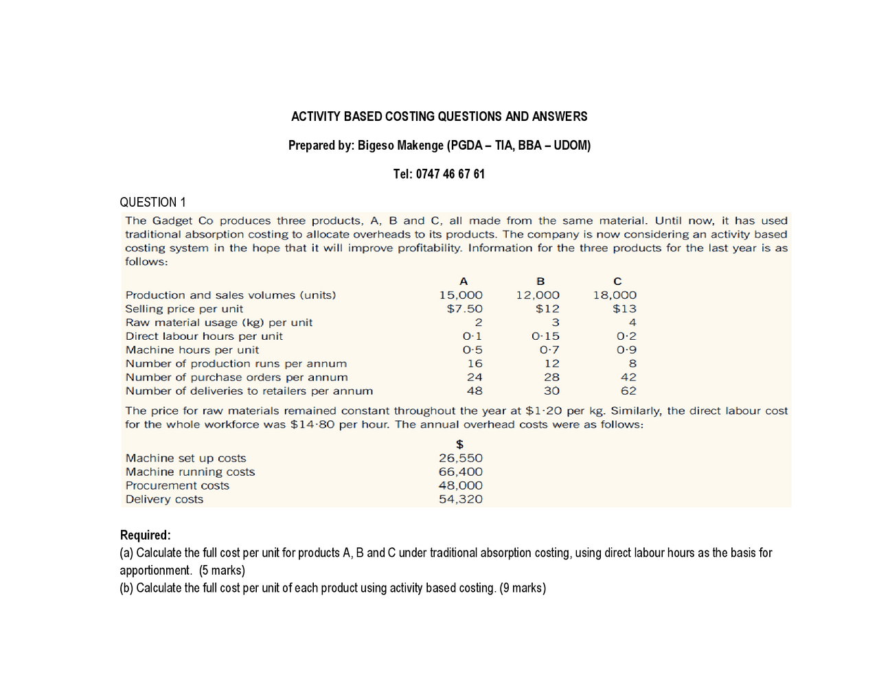 ACTIVITY BASED COSTING QUESTIONS AND ANSWERS ... | Schemes and Mind ...