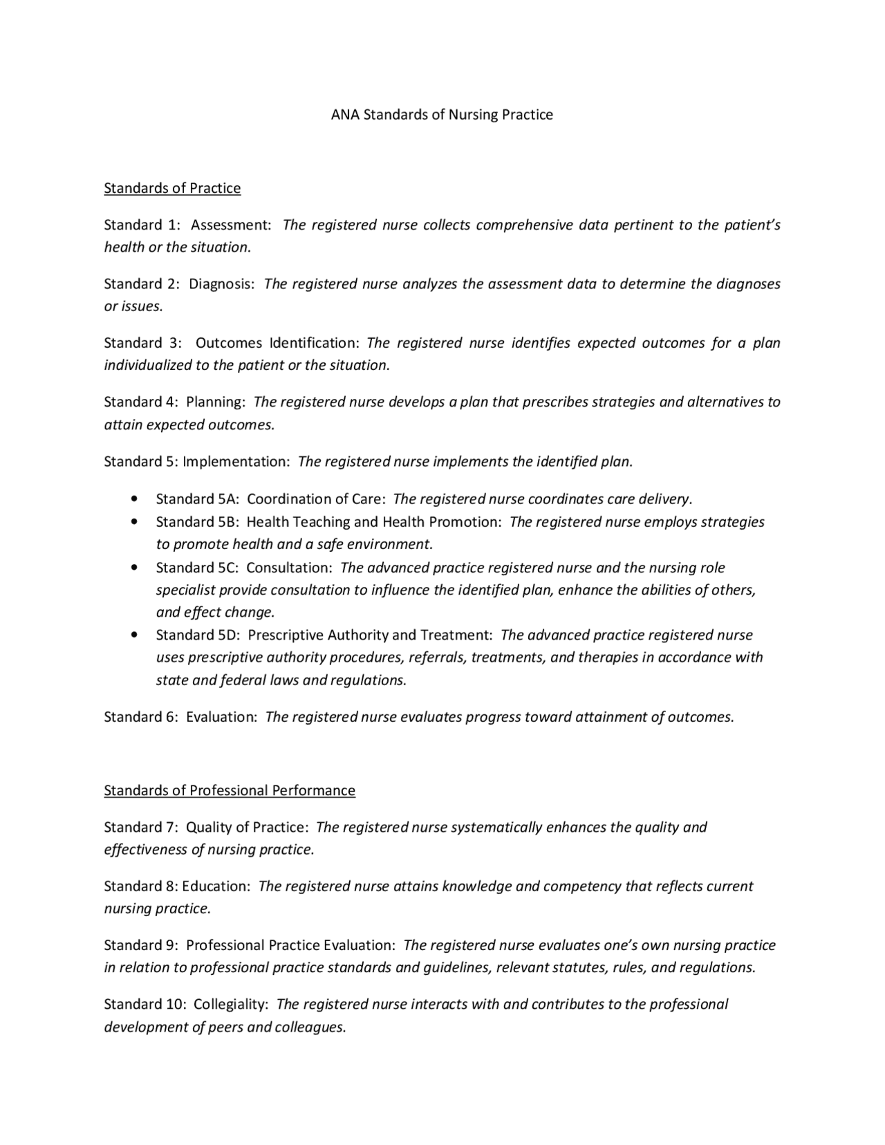 ANA Standards of Nursing Practice - Docsity