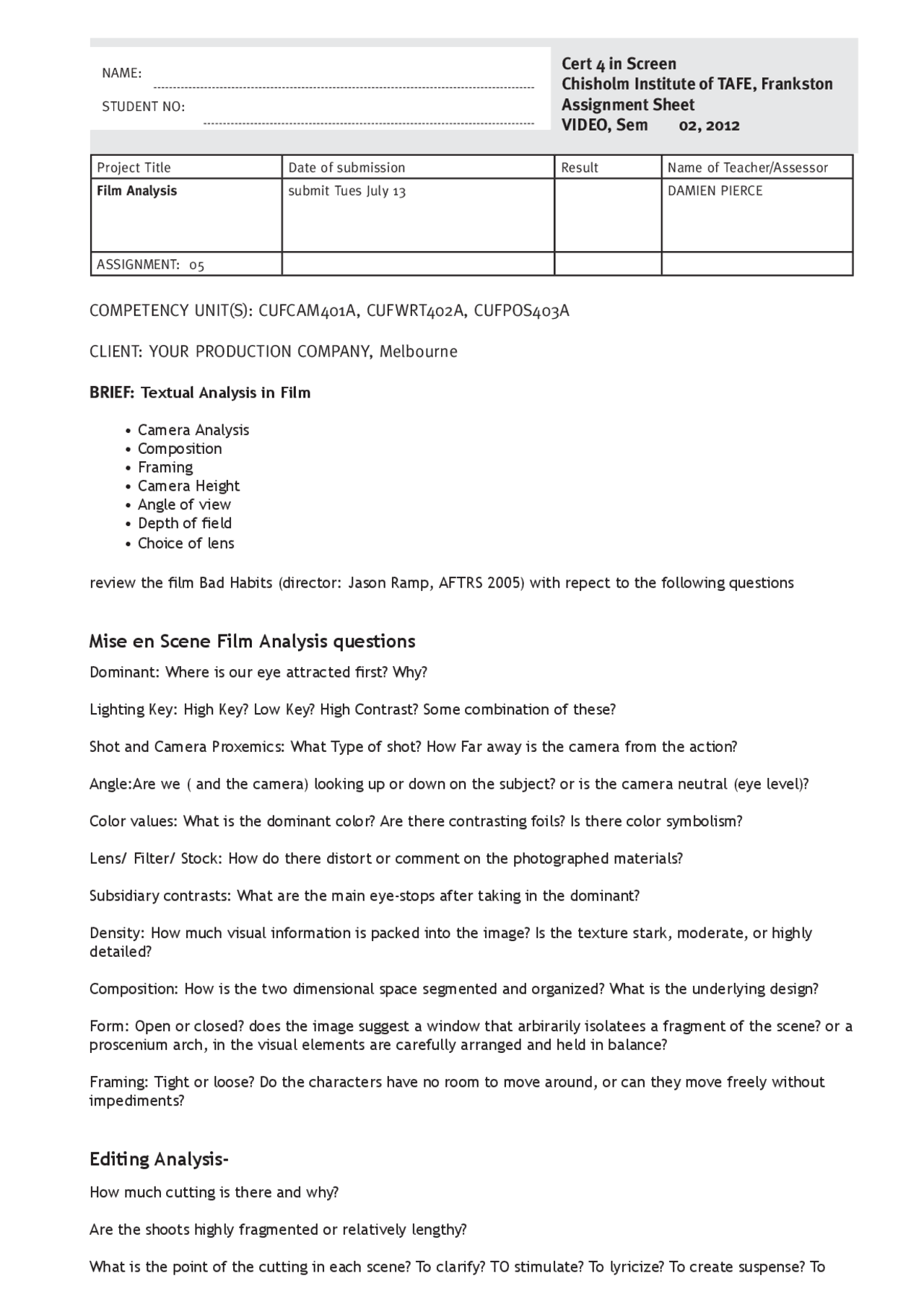 Mise en Scene Film Analysis questions Editing Analysis- | Lecture notes ...
