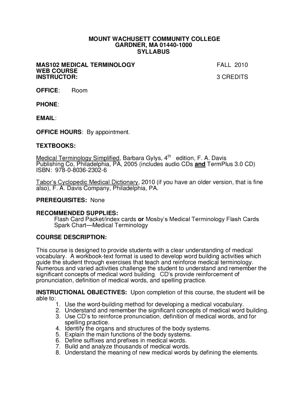 Medical Terminology Course Syllabus: MAS102 at Mount Wachusett ...