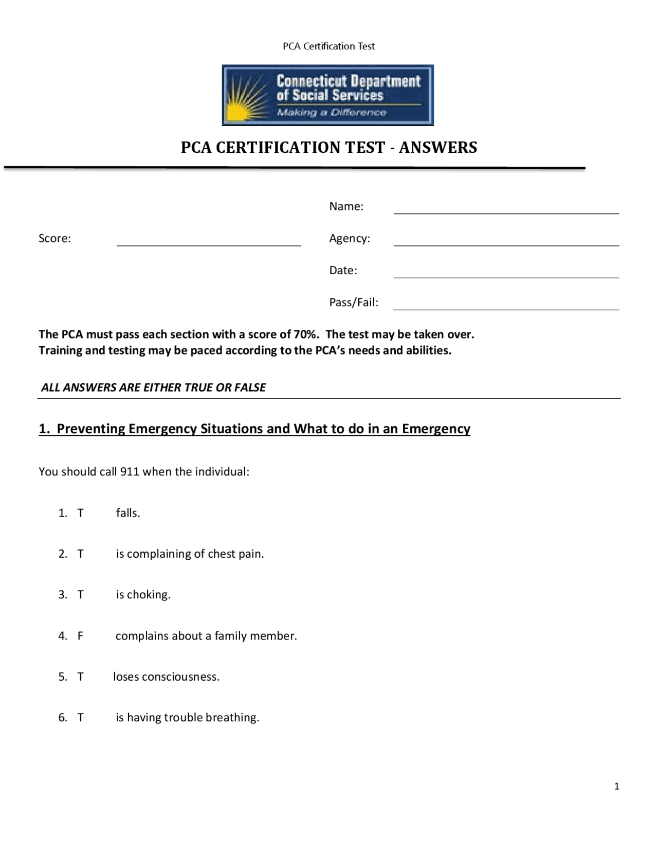 PCA CERTIFICATION TEST - ANSWERS | Assignments Medicine | Docsity