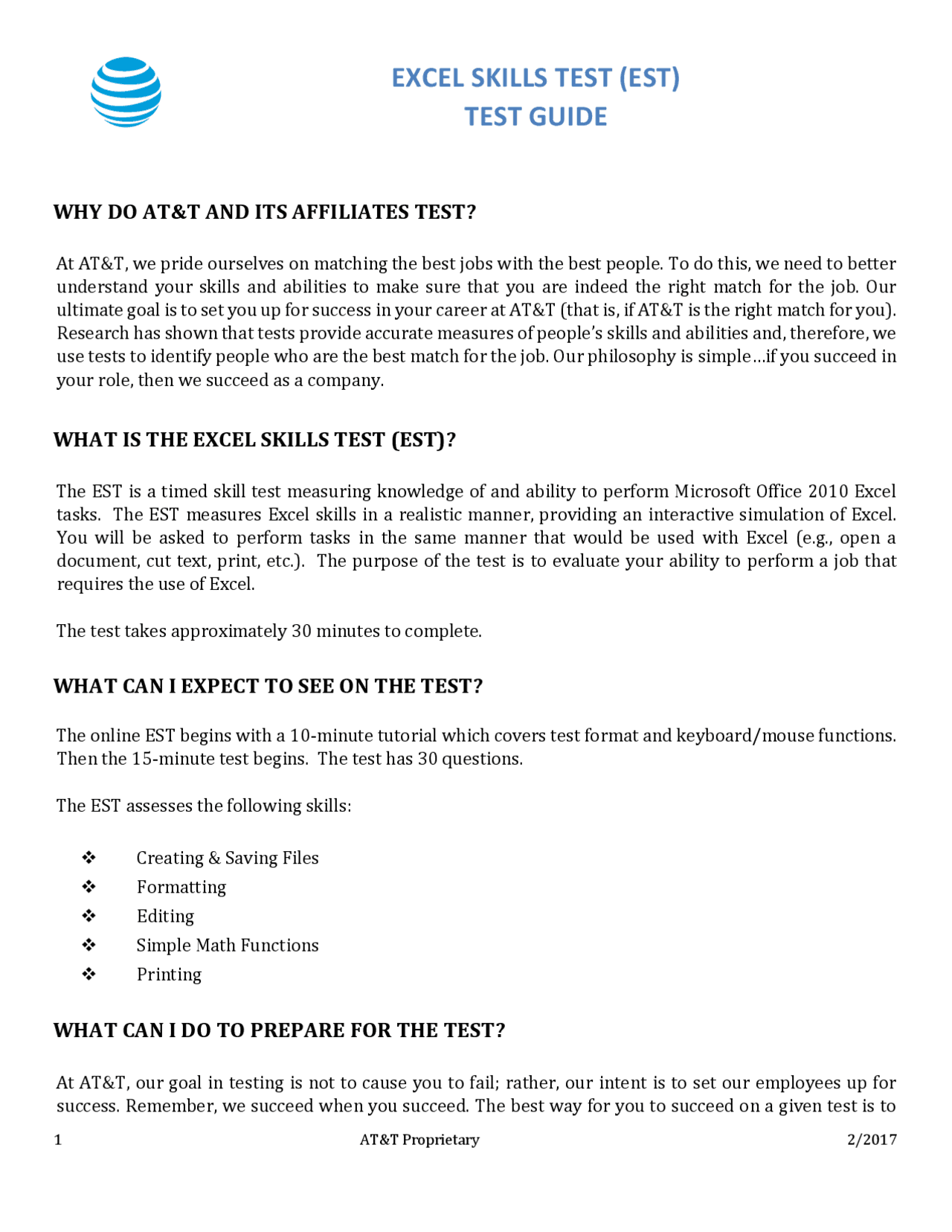 EXCEL SKILLS TEST (EST) TEST GUIDE | Lecture notes Philosophy | Docsity
