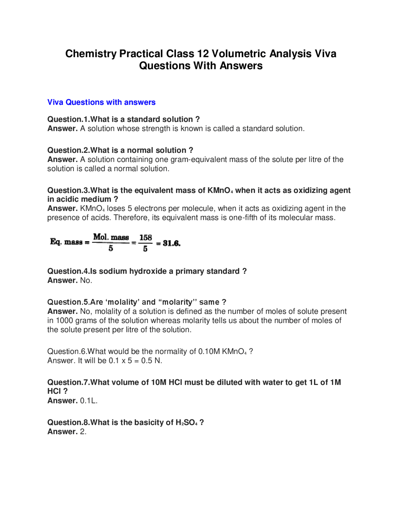Chemistry Practical Class 12 Volumetric Analysis Viva ... | Summaries ...
