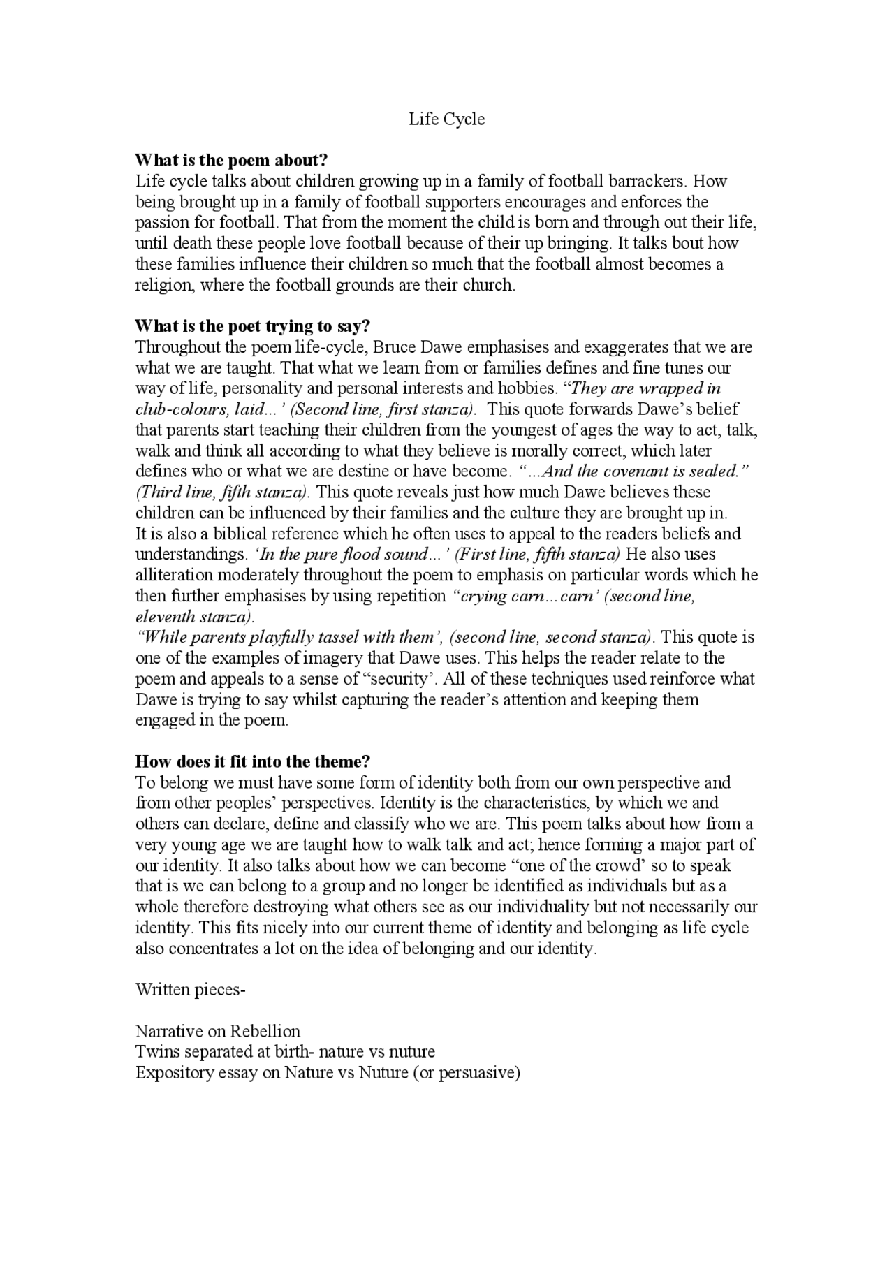 Life Cycle - Poem Analysis | Study notes English Literature | Docsity