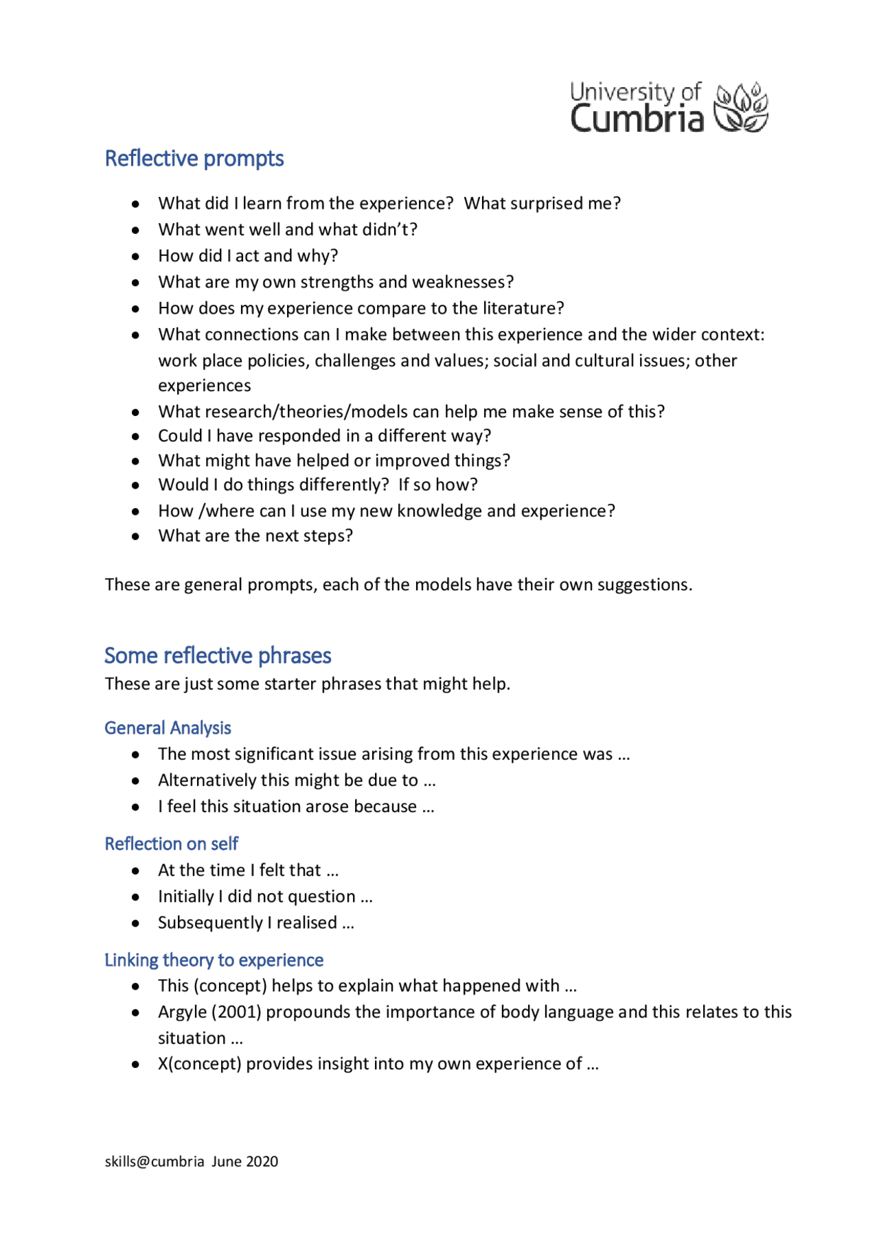 Reflective prompts Some reflective phrases | Lecture notes Literature ...