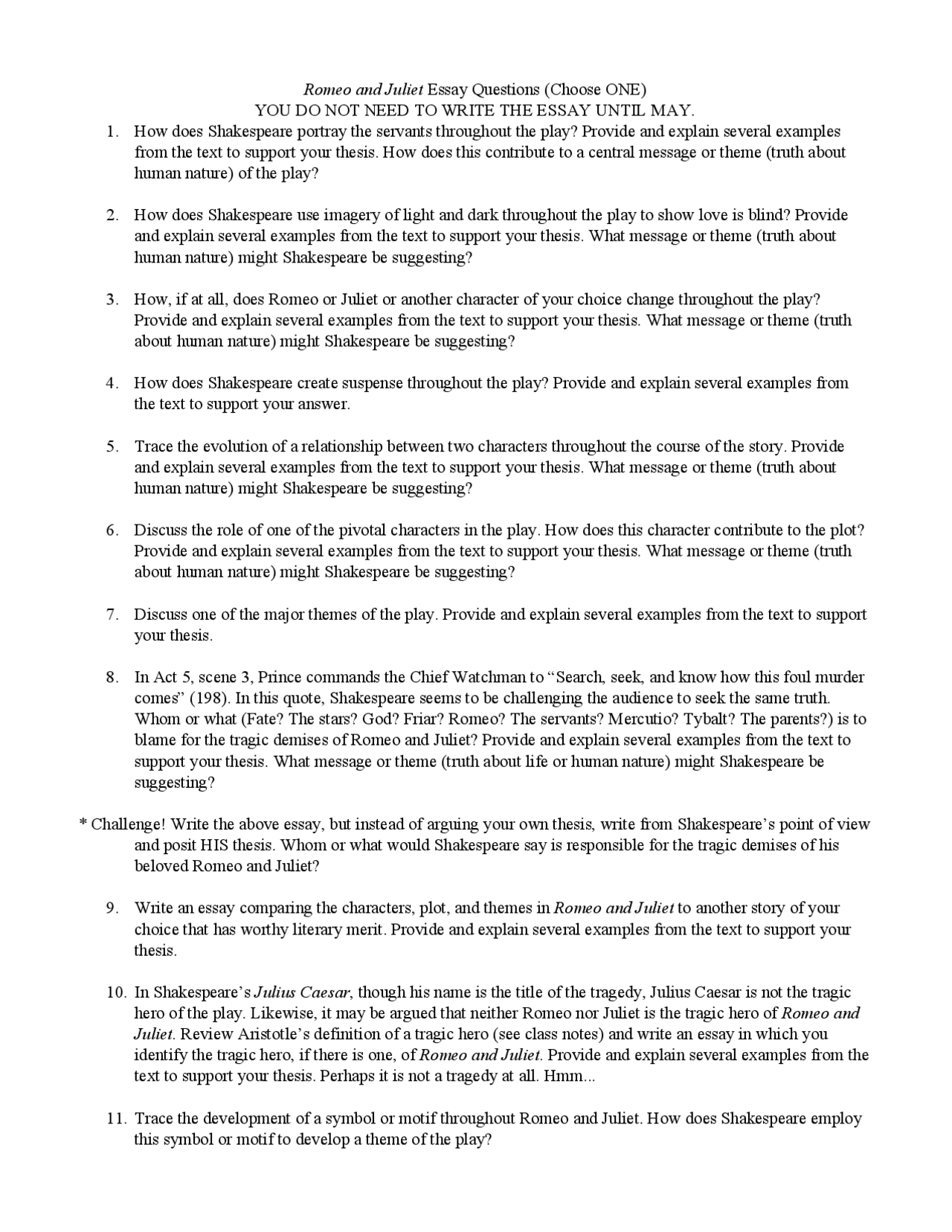 Romeo and Juliet Essay Questions (Choose ONE) | Study Guides, Projects ...