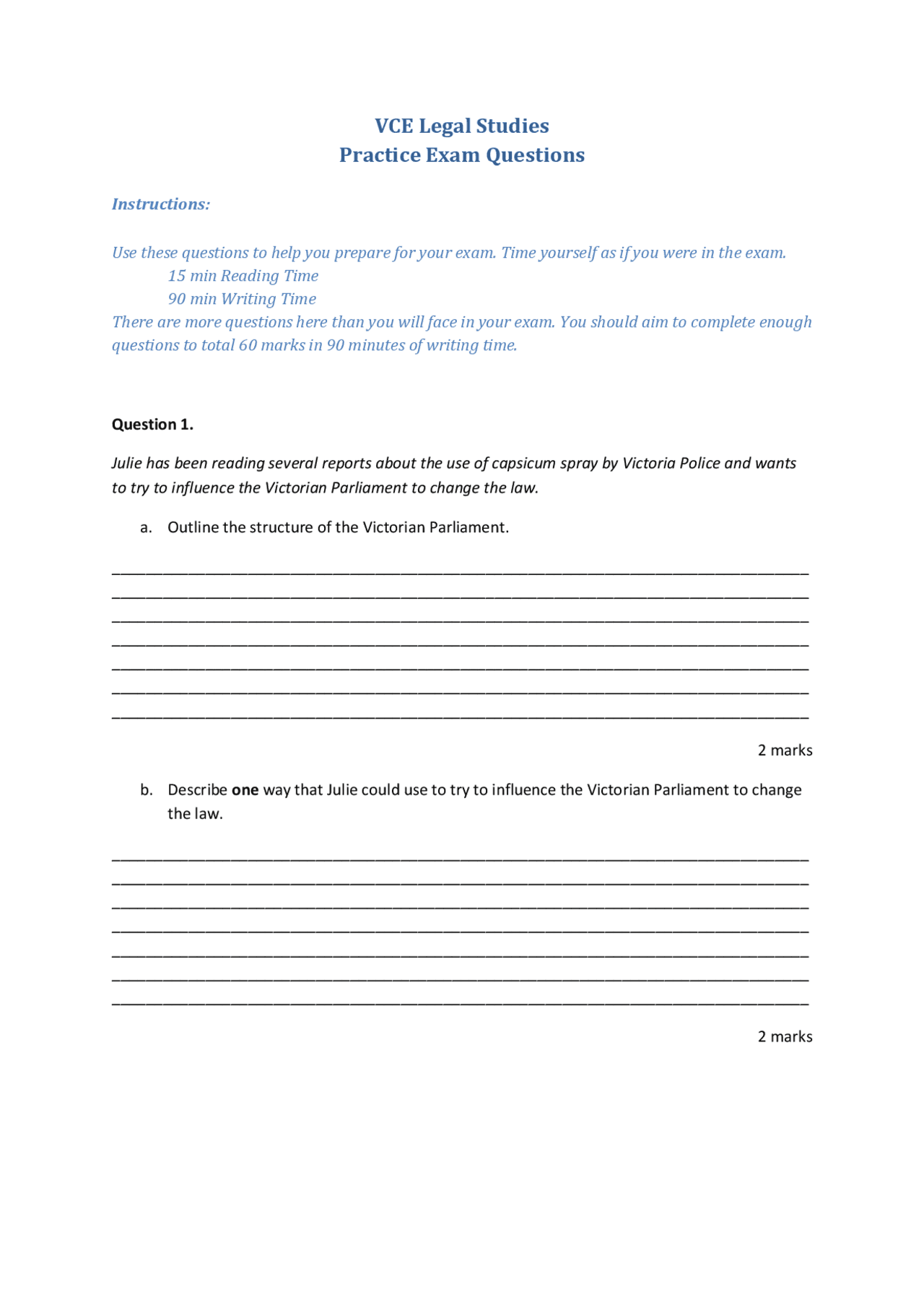 VCE Legal Studies Practice Exam Questions | Exams Legal and Social ...