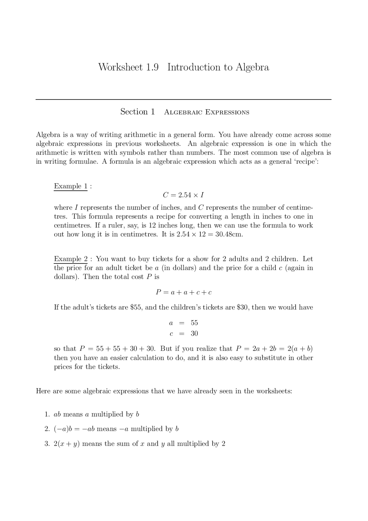 Worksheet Introduction To Algebra Docsity