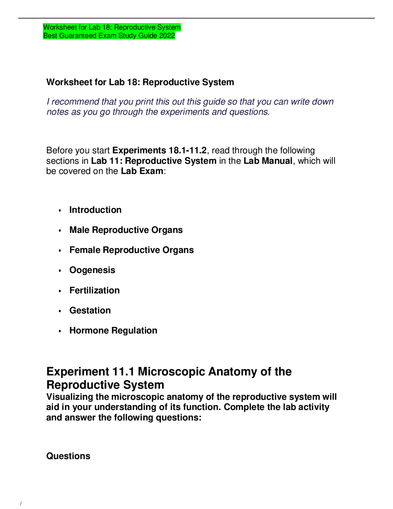 Worksheet for Lab 18: Reproductive System Best Guaranteed Exam Study ...