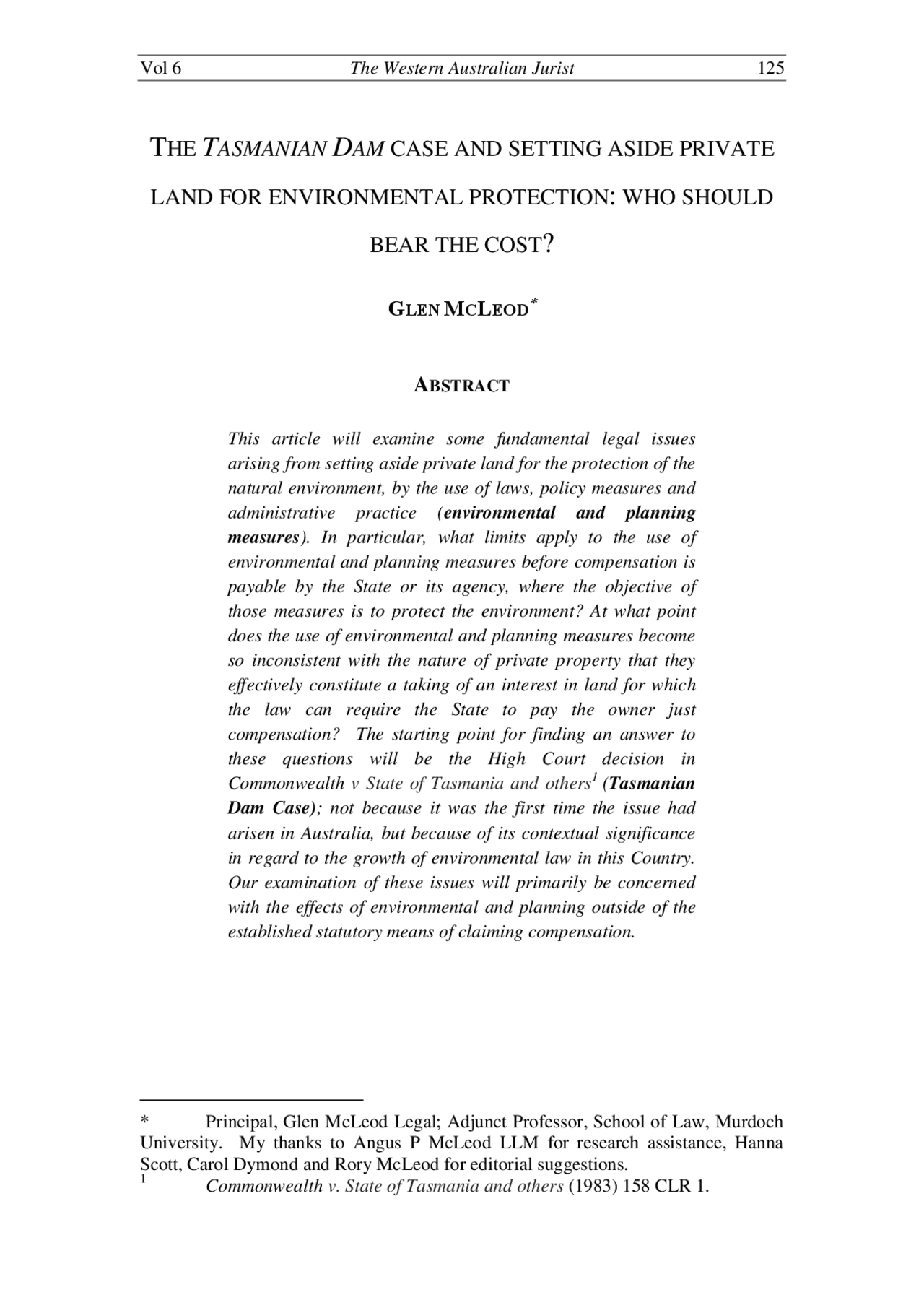 Environmental Law and Property Rights: A Case Study of the Tasmanian Dam Case in Australia ...