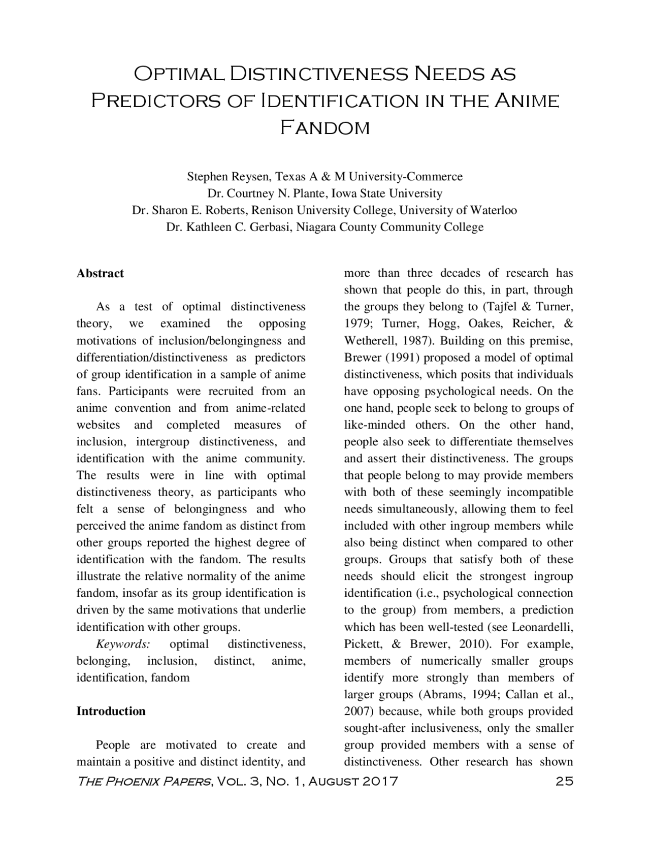 Optimal Distinctiveness Needs As Predictors of identification in Anime ...