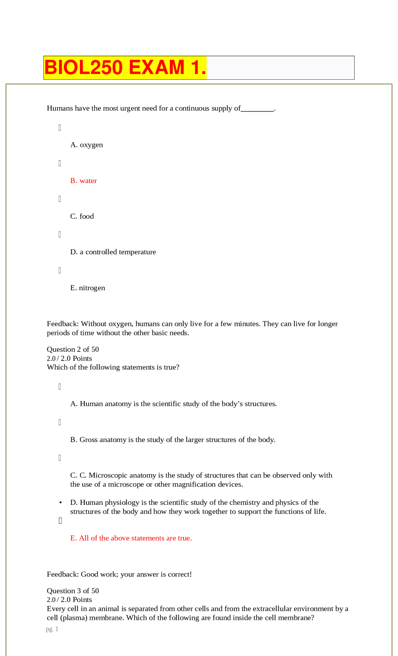 BIOL250 EXAM 1(Questions And Answers)LATEST | Exams Biology | Docsity