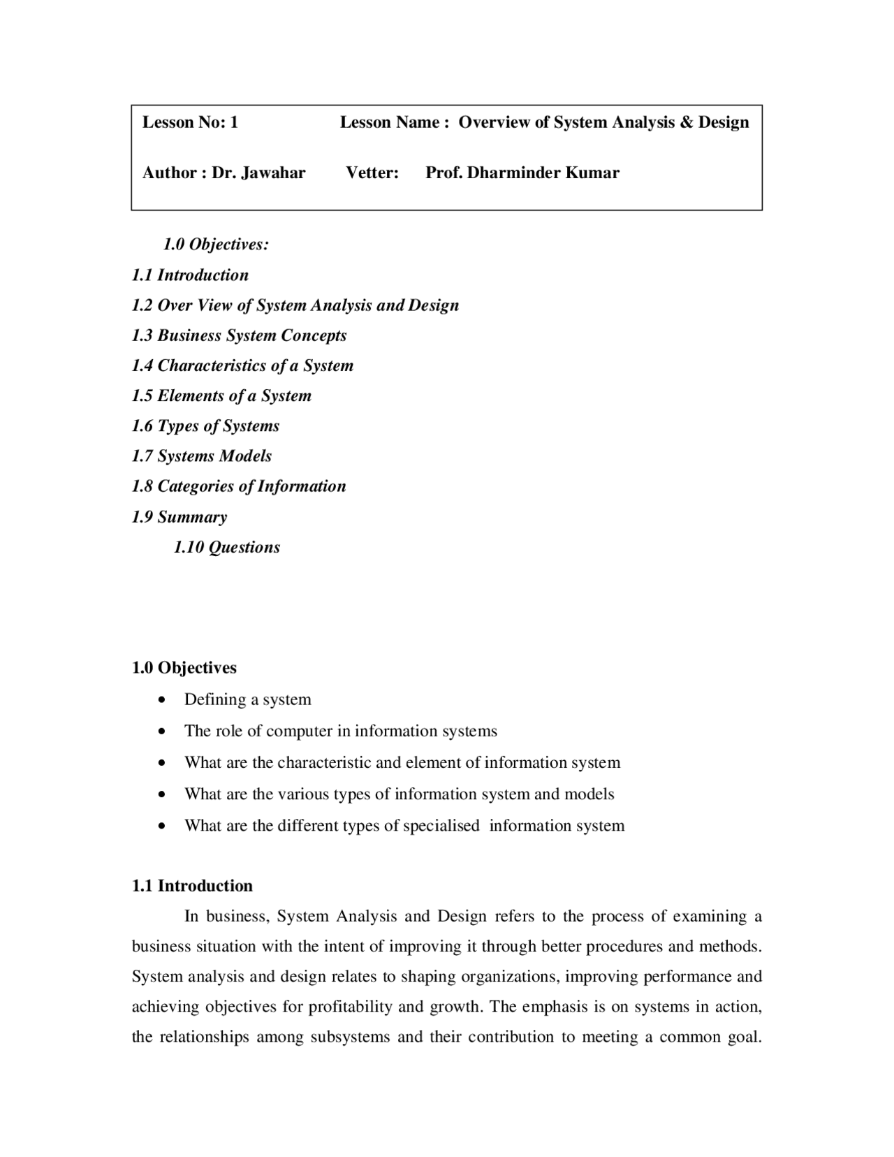 11 Introduction 12 Over View Of System Analysis And Design