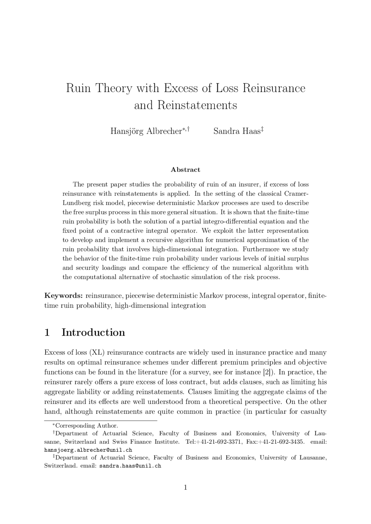 Ruin Theory with Excess of Loss Reinsurance and ... - Docsity