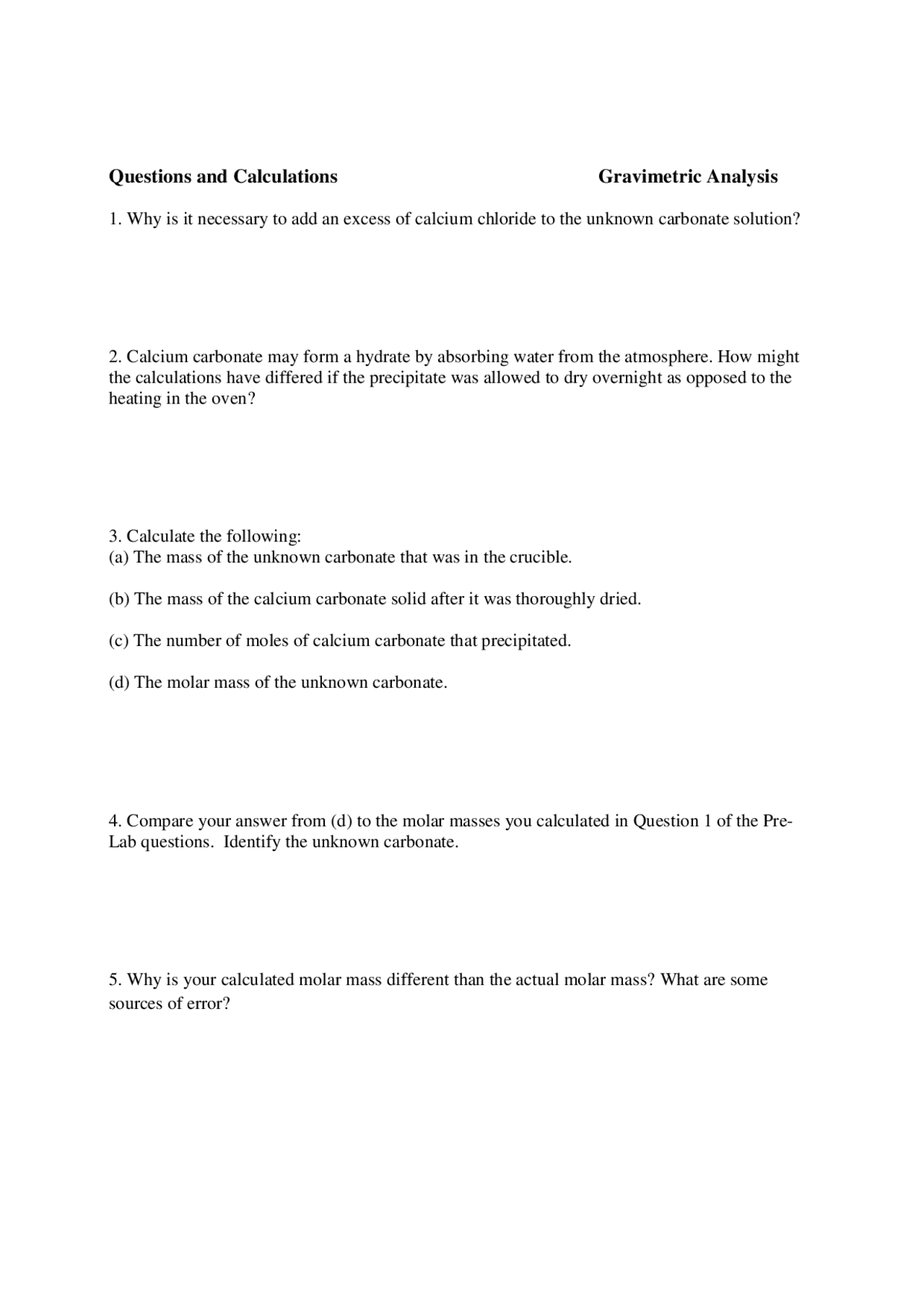 Questions And Calculations Gravimetric Analysis Docsity