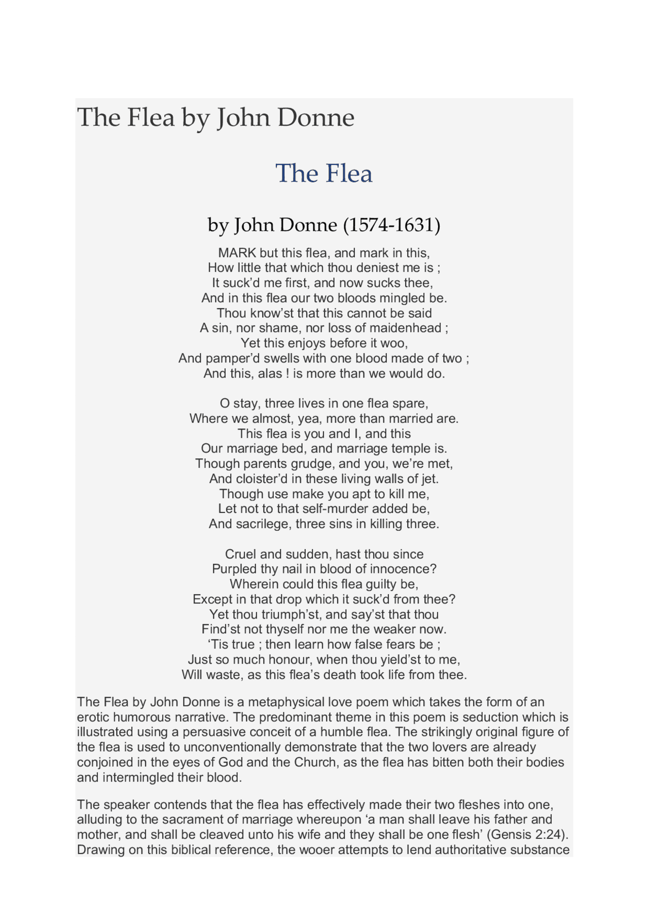 The Flea by John Donne: A Metaphysical Love Poem Analysis | Study notes ...