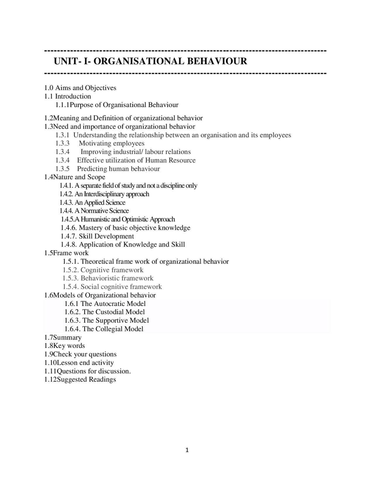 Organisational Behaviour Theory Lecture Notes Organization Behaviour