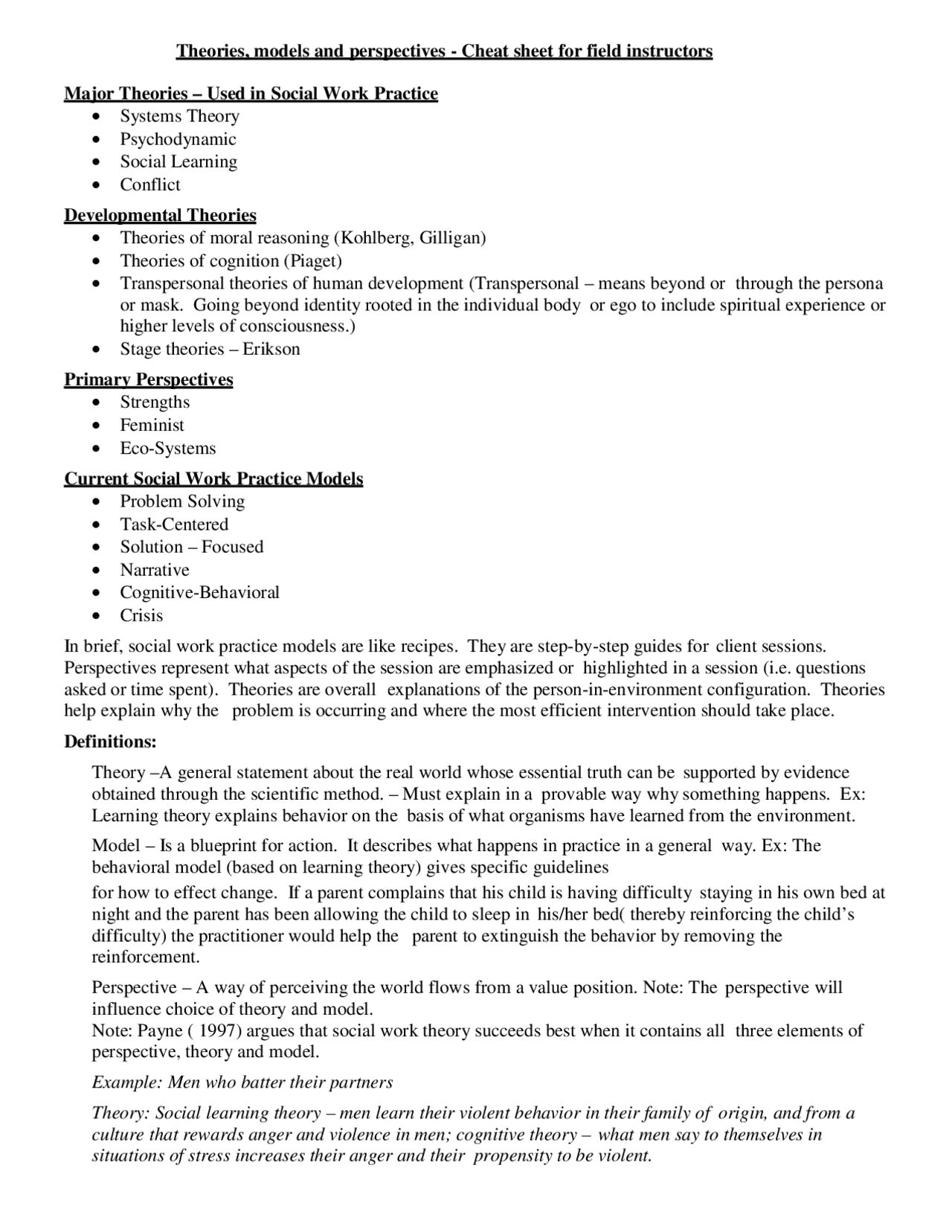 Theories, models and perspectives | Slides Social Work | Docsity