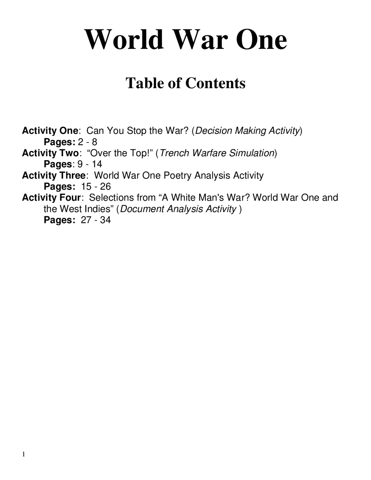 World War One | Study notes History | Docsity