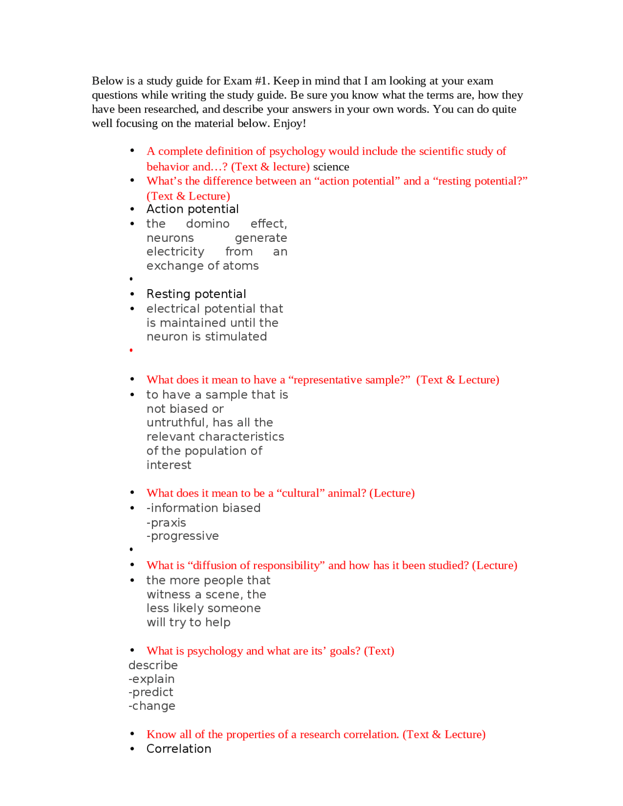 PSY 101 Study guide exam 1 (1) Updated | Exams Physiology | Docsity