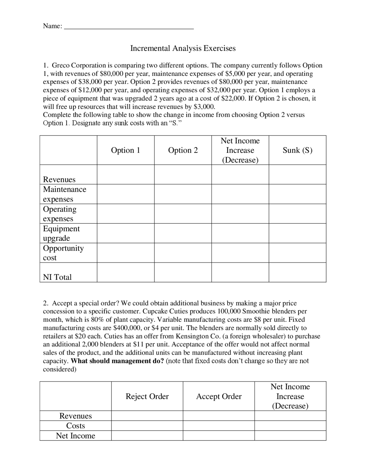 Incremental Analysis Exercises Option 1 Option 2 Net Income ...