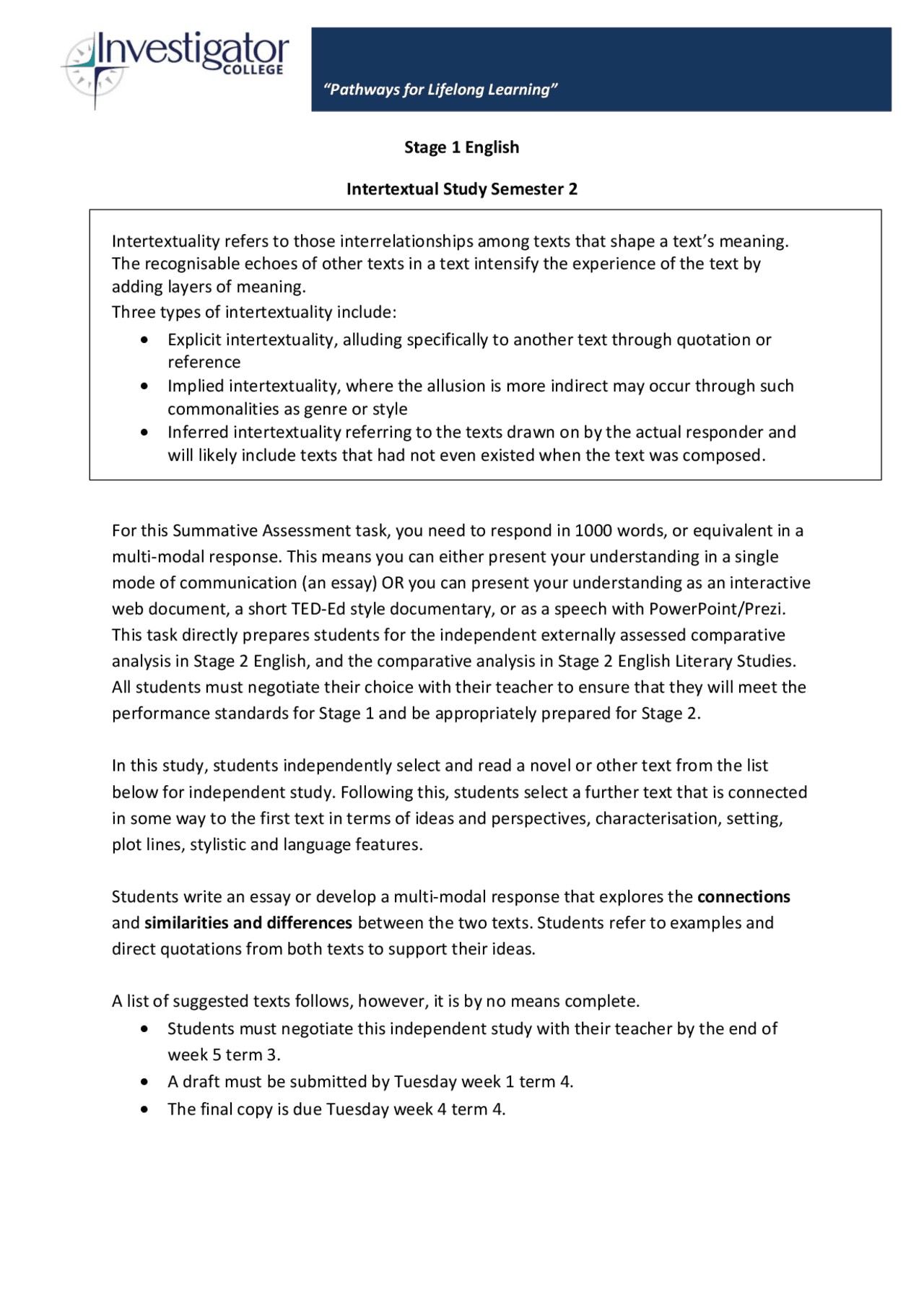Stage 1 English Intertextual Study Semester 2 Intertextuality ... | Assignments English Language ...