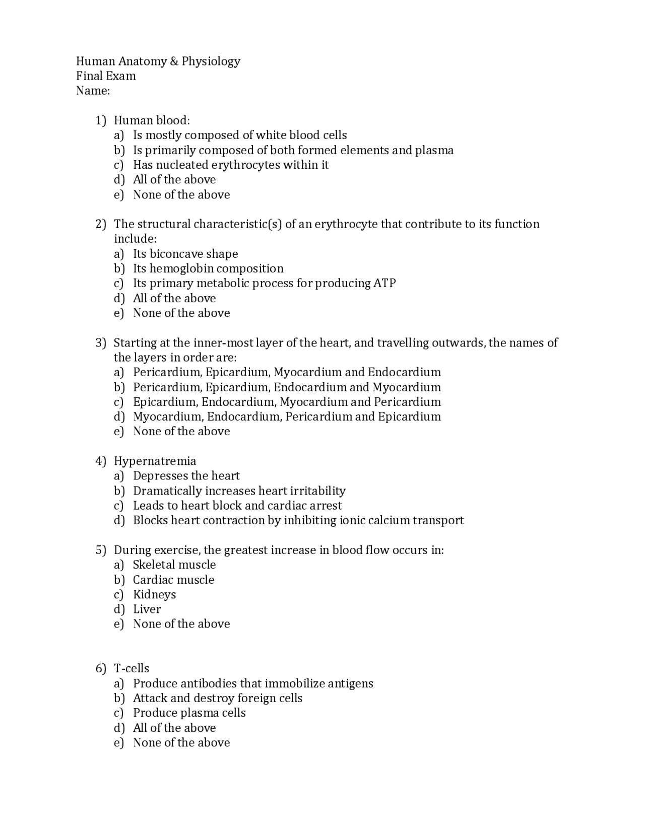 Human Anatomy & Physiology Final Exam Name | Lecture notes Anatomy ...