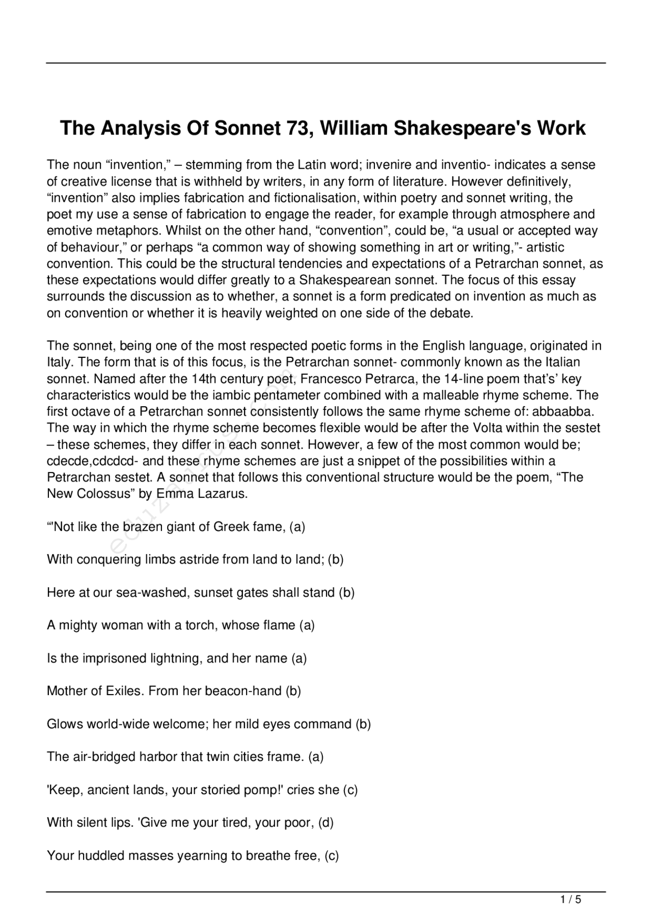 The Analysis Of Sonnet 73, William Shakespeare's Work | Assignments ...