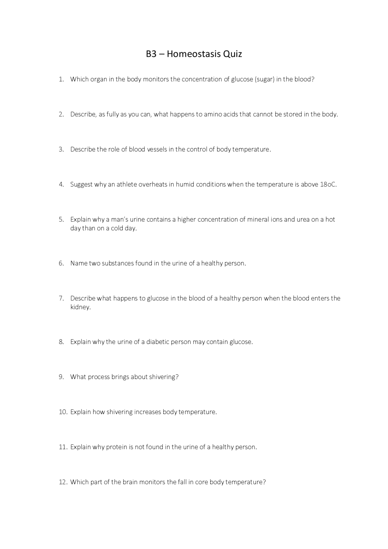 Quiz - Homeostasis | Quizzes Biology | Docsity
