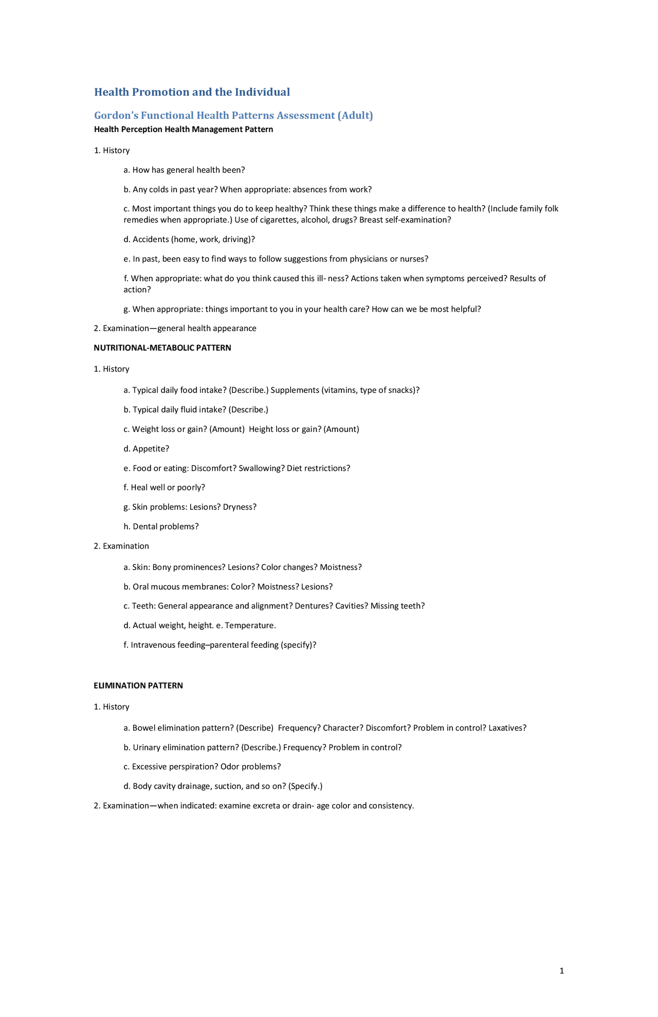 Gordon's Functional Health Patterns Assessment (Adult) - Docsity