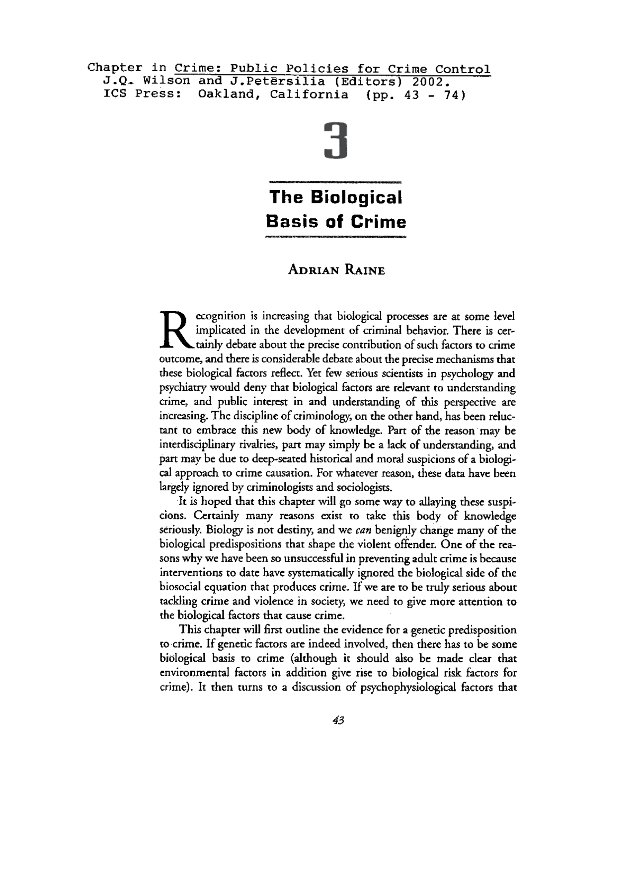 The Biological Basis of Crime | Study notes Psychiatry | Docsity