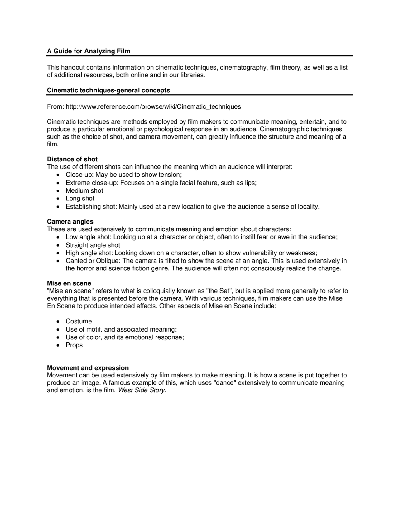 Elements Of Film Analysis | Study notes History | Docsity