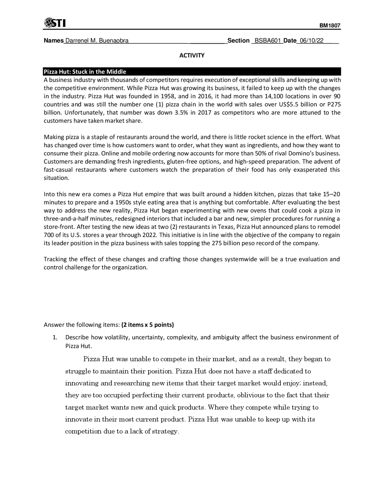 Strategic Management 12 Activity 1 - Docsity