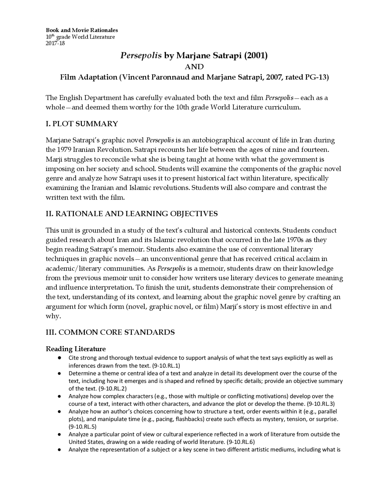 Persepolis by Marjane Satrapi (2001) | Study notes Literature | Docsity