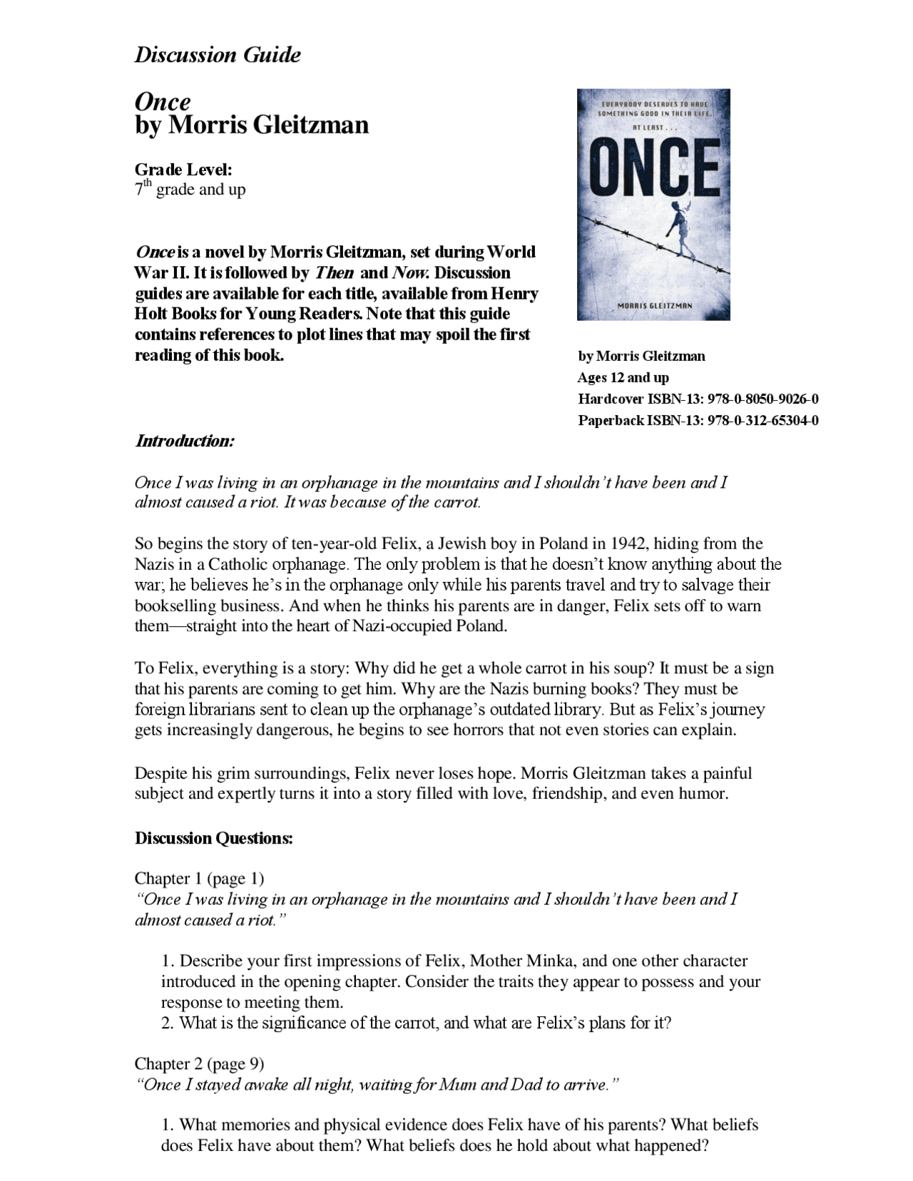 Discussion Guide for Morris Gleitzman's Novel 'Once' for Middle Grade ...